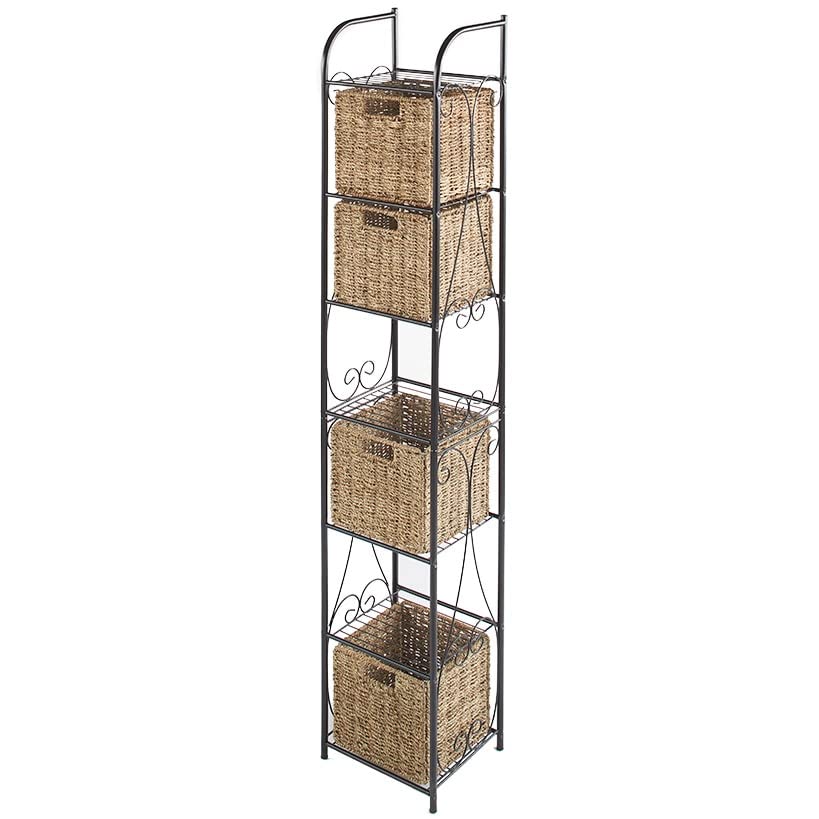 The Lakeside Collection Slim Seagrass Tower Shelving with Baskets for Extra Home Storage Space