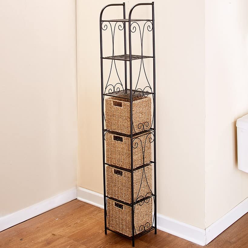 The Lakeside Collection Slim Seagrass Tower Shelving with Baskets for Extra Home Storage Space