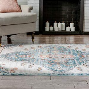 Well Woven Estin Multi Blue & Ivory Vintage Oriental Distressed Medallion Pattern Boho Area Rug (7'10" x 9'10")