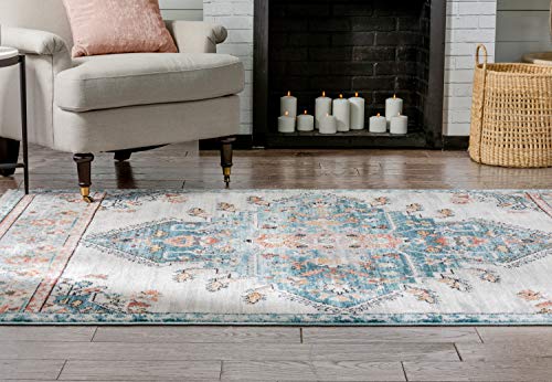 Well Woven Estin Multi Blue & Ivory Vintage Oriental Distressed Medallion Pattern Boho Area Rug (7'10" x 9'10")