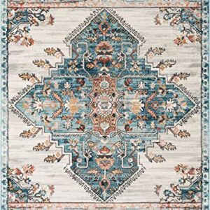 Well Woven Estin Multi Blue & Ivory Vintage Oriental Distressed Medallion Pattern Boho Area Rug (7'10" x 9'10")