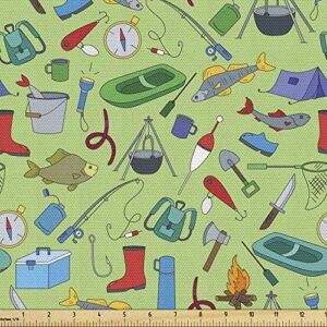 ambesonne fishing theme fabric by the yard, angling and camping elements rods bags tents fishes and boats, decorative fabric for upholstery and home accents, 1 yard, green red