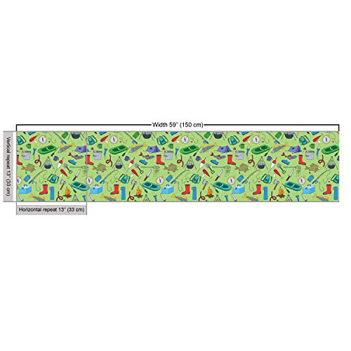 Ambesonne Fishing Theme Fabric by The Yard, Angling and Camping Elements Rods Bags Tents Fishes and Boats, Decorative Fabric for Upholstery and Home Accents, 1 Yard, Green Red