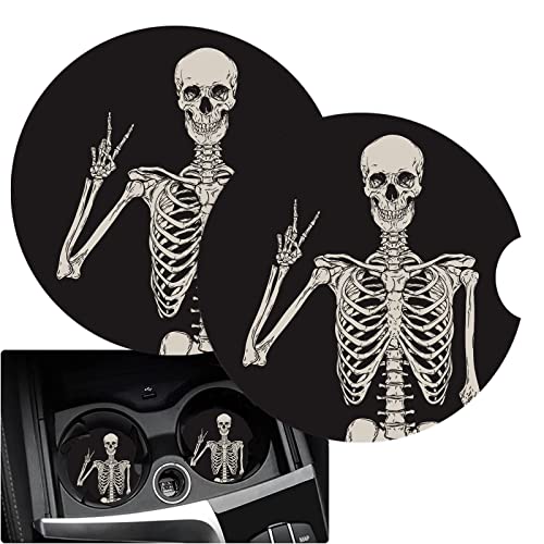 Cup Holders Car Coasters for Women/Men - 2 Pack Absorbent Ceramic Stone Drinks Coaster Set, Funny Skull Skeleton Halloween Victory