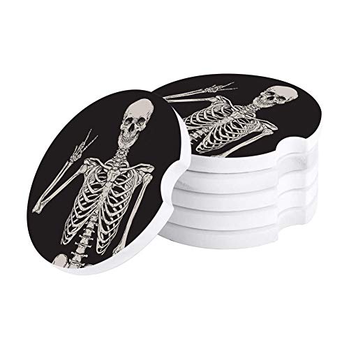 Cup Holders Car Coasters for Women/Men - 2 Pack Absorbent Ceramic Stone Drinks Coaster Set, Funny Skull Skeleton Halloween Victory