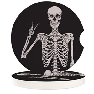 Cup Holders Car Coasters for Women/Men - 2 Pack Absorbent Ceramic Stone Drinks Coaster Set, Funny Skull Skeleton Halloween Victory