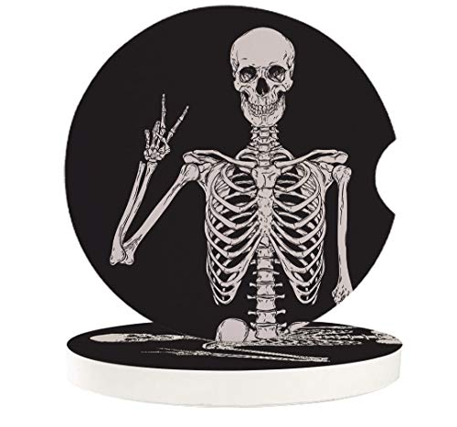 Cup Holders Car Coasters for Women/Men - 2 Pack Absorbent Ceramic Stone Drinks Coaster Set, Funny Skull Skeleton Halloween Victory