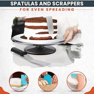 RFAQK 50PCs Cake Turntable Set -12" Aluminum Revolving Cake Stand- Professional Cake Decorating Supplies Kit with Straight & Offset Icing Spatula-Numbered Icing Tips & Bags- Cake Leveler