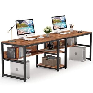 tribesigns two person desk with bookshelf, 78.7 computer office double desk for two person, rustic writing desk workstation with shelf for home office (brown)