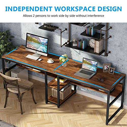 Tribesigns Two Person Desk with Bookshelf, 78.7 Computer Office Double Desk for Two Person, Rustic Writing Desk Workstation with Shelf for Home Office (Brown)