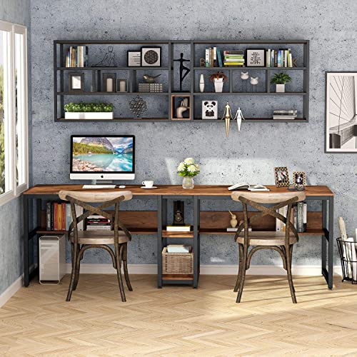 Tribesigns Two Person Desk with Bookshelf, 78.7 Computer Office Double Desk for Two Person, Rustic Writing Desk Workstation with Shelf for Home Office (Brown)