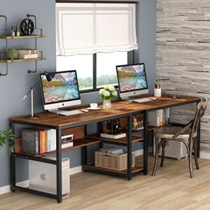 Tribesigns Two Person Desk with Bookshelf, 78.7 Computer Office Double Desk for Two Person, Rustic Writing Desk Workstation with Shelf for Home Office (Brown)