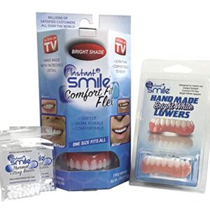 Instant Smile Comfort Fit Flex Teeth - Upper and Lower Matching Set, Bright White Shade! Fix Your Smile at Home Within Minutes!