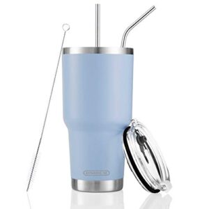 30oz blue tumbler stainless steel double wall vacuum insulated mug with straw and lid, cleaning brush for cold and hot beverages