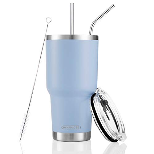 30oz Blue Tumbler Stainless Steel Double Wall Vacuum Insulated Mug with Straw and Lid, Cleaning Brush for Cold and Hot Beverages