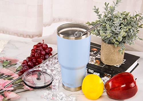 30oz Blue Tumbler Stainless Steel Double Wall Vacuum Insulated Mug with Straw and Lid, Cleaning Brush for Cold and Hot Beverages