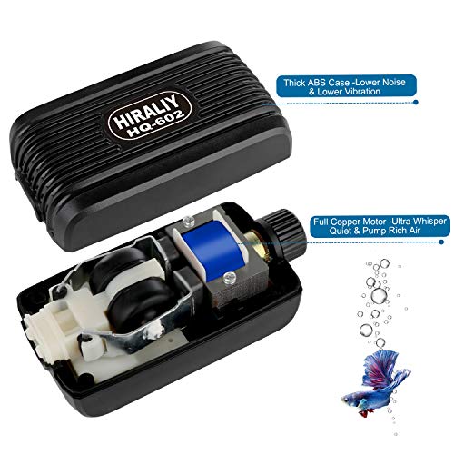 HIRALIY Aquarium Air Pump, Fish Tank Air Pump with Dual Outlet Adjustable Air Valve, Ultra Silent Oxygen Fish Tank Bubbler with Air Stones Silicone Tube Check Valves Up to 100 Gallon Tank