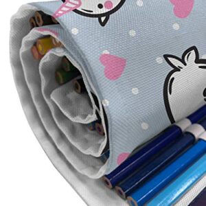 Ambesonne Narwhal Roll Up Pencil Holder, Cartoon Styled Whales with Polka Dots and Hearts Background Doodle Design, Painting Drawing Pencils Case for Artists Students, 36 Loops, Blue Pink