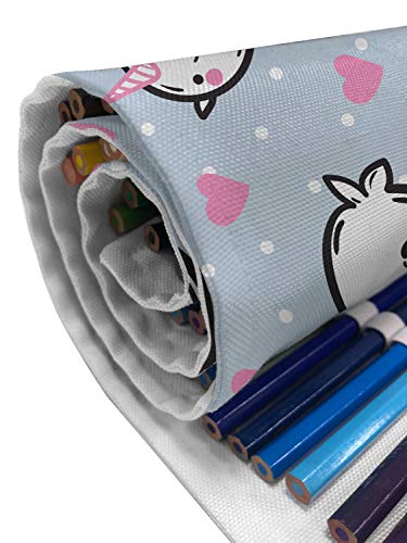 Ambesonne Narwhal Roll Up Pencil Holder, Cartoon Styled Whales with Polka Dots and Hearts Background Doodle Design, Painting Drawing Pencils Case for Artists Students, 36 Loops, Blue Pink