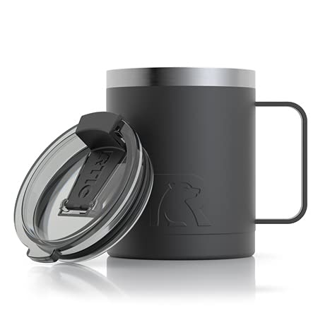 RTIC Coffee Mug with Handle, 12oz, Black, Portable Travel Thermal Camping Cup, Vacuum-Insulated with Lid, Stainless Steel, Sweat Proof, Keeps Hot & Cold Longer