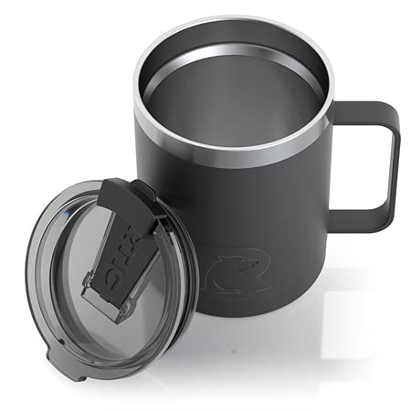 RTIC Coffee Mug with Handle, 12oz, Black, Portable Travel Thermal Camping Cup, Vacuum-Insulated with Lid, Stainless Steel, Sweat Proof, Keeps Hot & Cold Longer