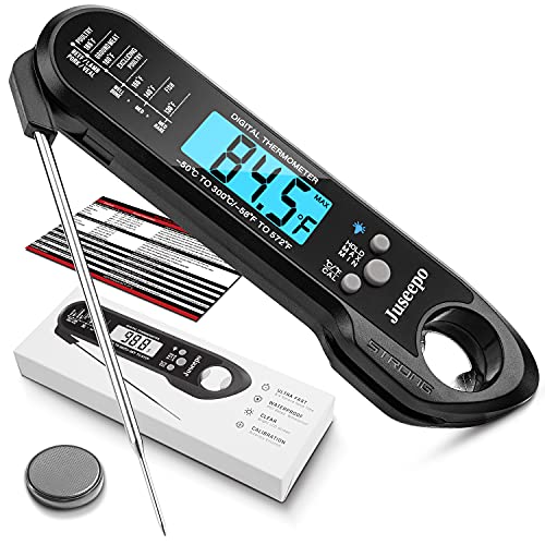 Juseepo Instant Read Waterproof Meat Thermometer - 2s Instant Read Ultra Fast Cooking Thermometer with Backlight & Calibration.Best Kitchen Food Thermometer for Cooking, Outdoor Grill and BBQ(Black)