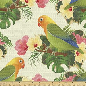 ambesonne hibiscus fabric by the yard, colorful composition of exotic bird parrot flowers, decorative fabric for upholstery and home accents, 1 yard, multicolor