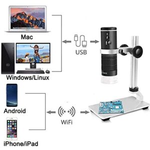 Jiusion WiFi USB Digital Microscope 50 to 1000x Wireless Magnification Endoscope 8 LED Mini HD Camera with Updated Stand Portable Case, Compatible with iPhone iPad Android Mac Windows Linux