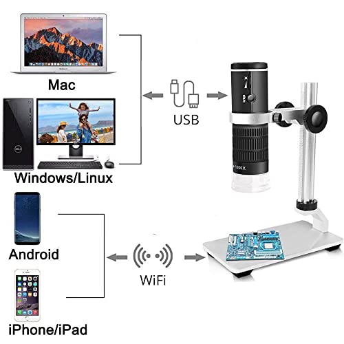 Jiusion WiFi USB Digital Microscope 50 to 1000x Wireless Magnification Endoscope 8 LED Mini HD Camera with Updated Stand Portable Case, Compatible with iPhone iPad Android Mac Windows Linux