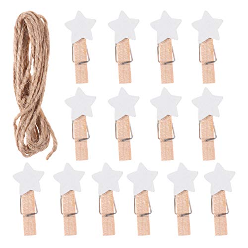 HEALLILY 100pcs Mini Wooden Clothespins Star Shape Wall Hanging Clips Photo Clips Picture Pegs Craft Clips with Rope White