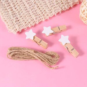 HEALLILY 100pcs Mini Wooden Clothespins Star Shape Wall Hanging Clips Photo Clips Picture Pegs Craft Clips with Rope White