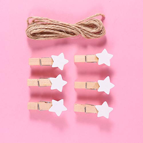 HEALLILY 100pcs Mini Wooden Clothespins Star Shape Wall Hanging Clips Photo Clips Picture Pegs Craft Clips with Rope White