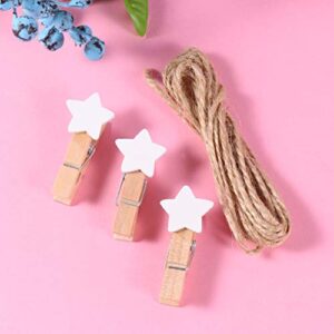 HEALLILY 100pcs Mini Wooden Clothespins Star Shape Wall Hanging Clips Photo Clips Picture Pegs Craft Clips with Rope White