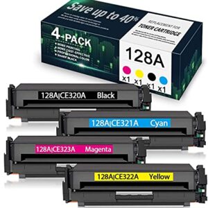 4-Pack (1BK/1C/1Y/1M) 128A | CE320A CE321A CE322A CE323A Compatible Remanufactured Toner Cartridge Replacement for HP Color Laserjet CP1525n CP1525nw CM1415fn CM1415fnw Printer Toner Cartridge.