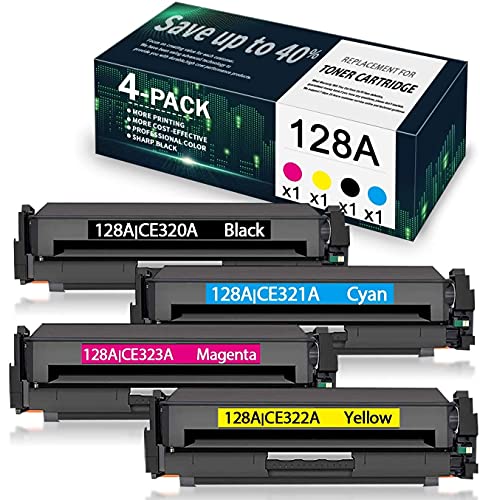 4-Pack (1BK/1C/1Y/1M) 128A | CE320A CE321A CE322A CE323A Compatible Remanufactured Toner Cartridge Replacement for HP Color Laserjet CP1525n CP1525nw CM1415fn CM1415fnw Printer Toner Cartridge.