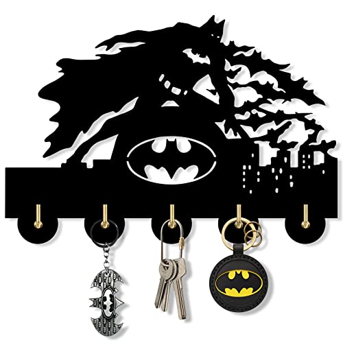 Batman Key Holder, Key Hanger, Wall Key Rack, Wall Hooks,Wall Key Holder, Key Holders, Personalized Gift, Home, Housewarming Gift, Wedding Gift (H5) Black 12inch with 5 Hooks (3)