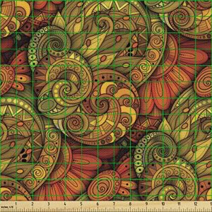 Ambesonne Paisley Fabric by The Yard, Abstract Motif with Blooms with Contour Lines Picture, Decorative Fabric for Upholstery and Home Accents, 2 Yards, Green Orange