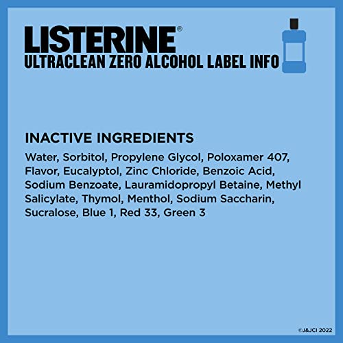 Listerine Ultraclean Zero Alcohol Tartar Control Mouthwash, Oral Rinse to Help Fight Bad Breath and Tartar, for Cleaner, Naturally White Teeth, Less Intense Arctic Mint Taste, 1 L