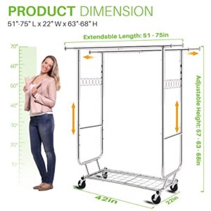 HOKEEPER Double Clothing Garment Rack with Shelves Capacity 600 lbs Clothing Racks on Wheels Rolling Clothes Rack for Hanging Clothes Heavy Duty Portable Collapsible Commercial Garment Rack Chrome