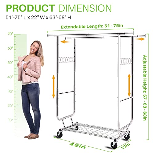 HOKEEPER Double Clothing Garment Rack with Shelves Capacity 600 lbs Clothing Racks on Wheels Rolling Clothes Rack for Hanging Clothes Heavy Duty Portable Collapsible Commercial Garment Rack Chrome