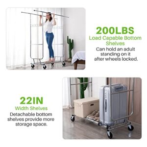 HOKEEPER Double Clothing Garment Rack with Shelves Capacity 600 lbs Clothing Racks on Wheels Rolling Clothes Rack for Hanging Clothes Heavy Duty Portable Collapsible Commercial Garment Rack Chrome