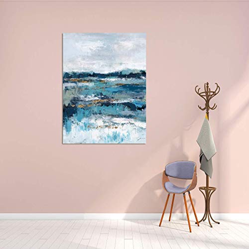 Yihui Arts Abstract Ocean Canvas Wall Art - Blue and Teal Painting with Gold Foil - Modern Coastal Pictures for Living Room Bedroom Kitchen Dinning Decor