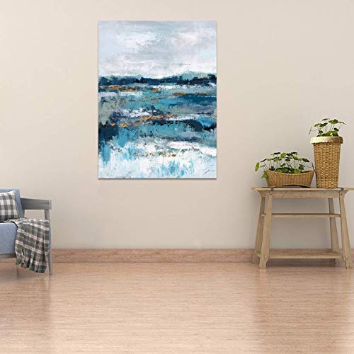 Yihui Arts Abstract Ocean Canvas Wall Art - Blue and Teal Painting with Gold Foil - Modern Coastal Pictures for Living Room Bedroom Kitchen Dinning Decor