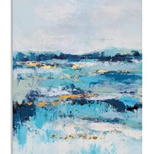 Yihui Arts Abstract Ocean Canvas Wall Art - Blue and Teal Painting with Gold Foil - Modern Coastal Pictures for Living Room Bedroom Kitchen Dinning Decor