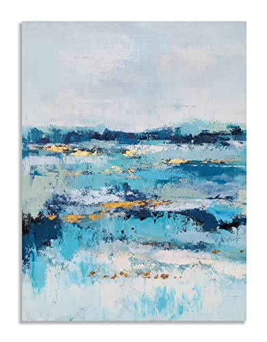 Yihui Arts Abstract Ocean Canvas Wall Art - Blue and Teal Painting with Gold Foil - Modern Coastal Pictures for Living Room Bedroom Kitchen Dinning Decor