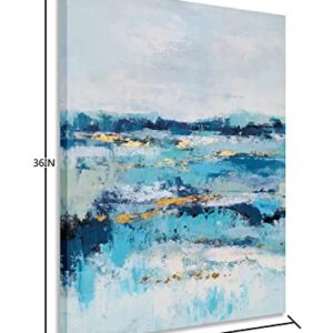 Yihui Arts Abstract Ocean Canvas Wall Art - Blue and Teal Painting with Gold Foil - Modern Coastal Pictures for Living Room Bedroom Kitchen Dinning Decor