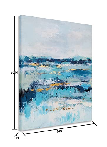 Yihui Arts Abstract Ocean Canvas Wall Art - Blue and Teal Painting with Gold Foil - Modern Coastal Pictures for Living Room Bedroom Kitchen Dinning Decor