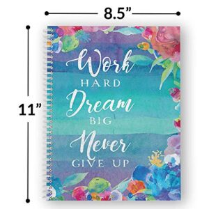 Softcover Work Hard 8.5" x 11" Motivational Spiral Notebook/Journal, 120 College Ruled Pages, Durable Gloss Laminated Cover, White Wire-o Spiral. Made in the USA