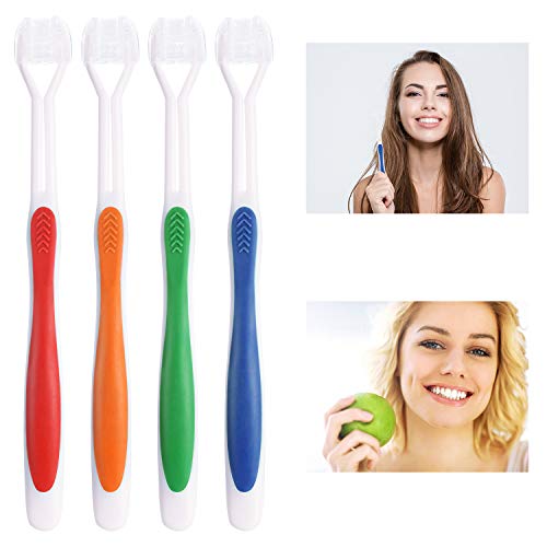 4 Pieces Three Sided Toothbrush Autism Sensory Toothbrush Bristle Travel Toothbrush for Kids Complete Teeth Gum Care Pretty Good Angle Clean Each Tooth, Soft and Gentle (Green, Blue, Yellow, Red)