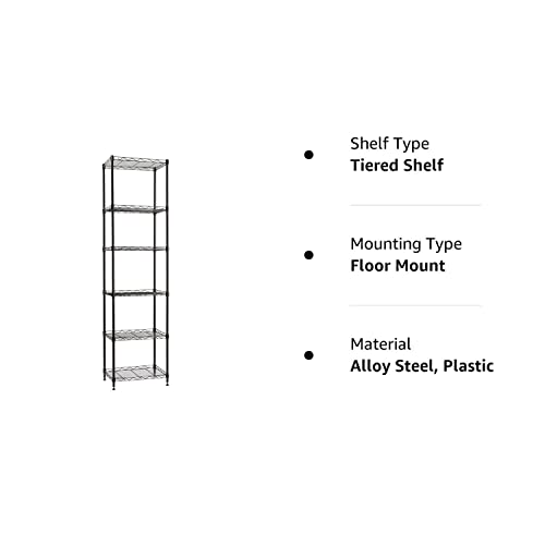 YOHKOH 6 Wire Shelving Steel Storage Rack Adjustable Unit Shelves for Laundry Bathroom Kitchen Pantry Closet 16.7" Width x 62" Height x 11.7" Depth, Black